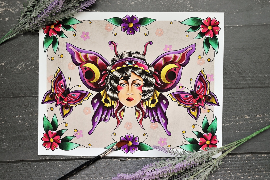 American Traditional Fortune Teller Butterfly Tattoo Sheet Art - Etsy