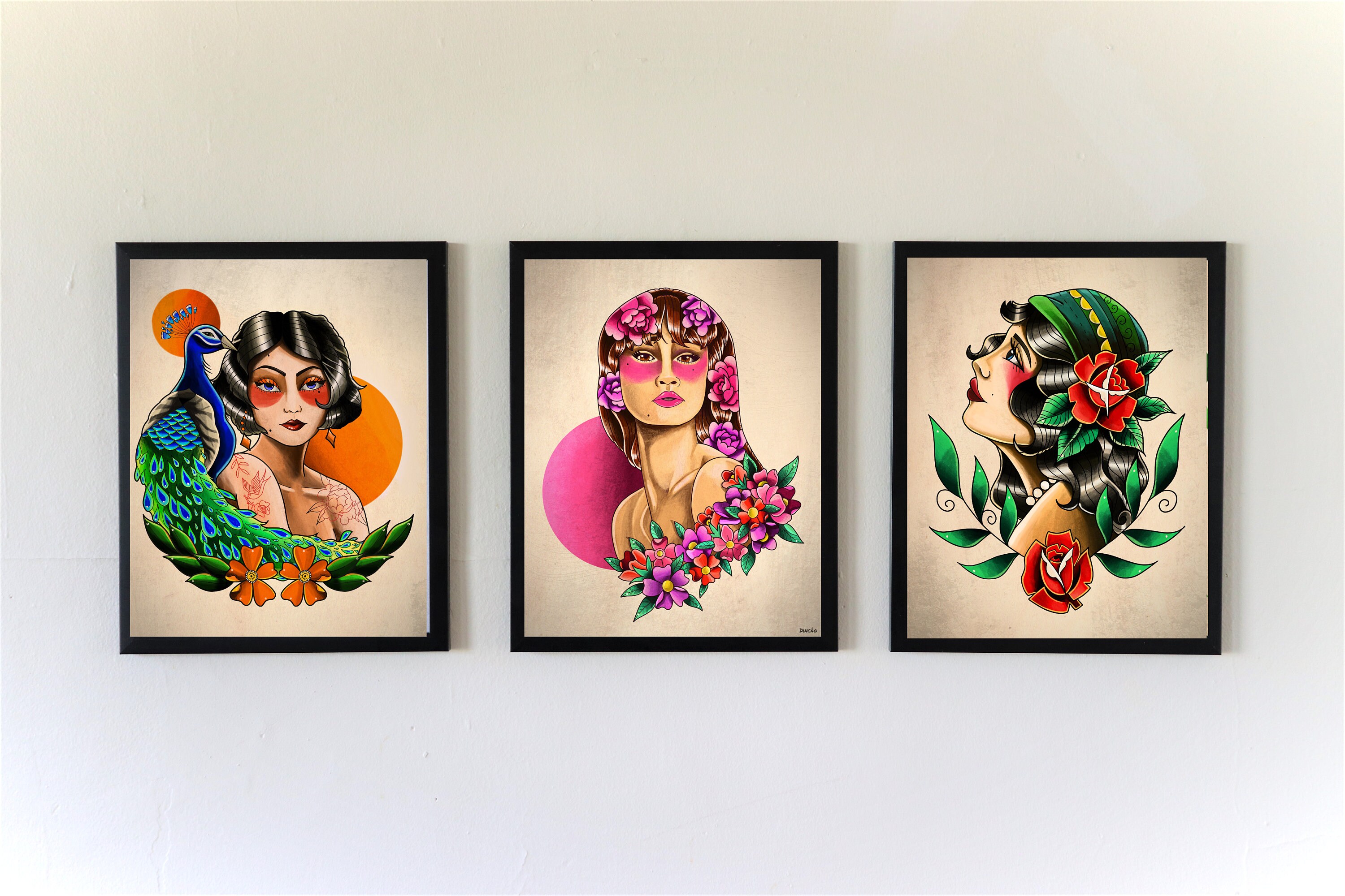 American Traditional Woman and Peacock Print - Etsy