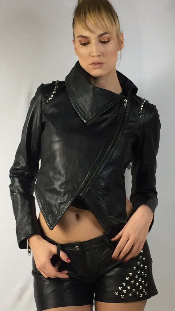 Asymmetric High Collar Designer Soft Leather Jacket With Stud | Etsy