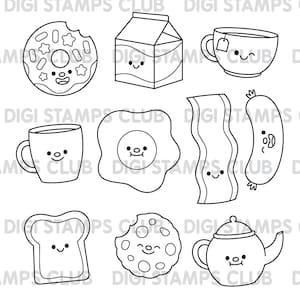 Kawaii Food Digital Stamp Set – Cute Black & White Clipart PNG – Burger ...