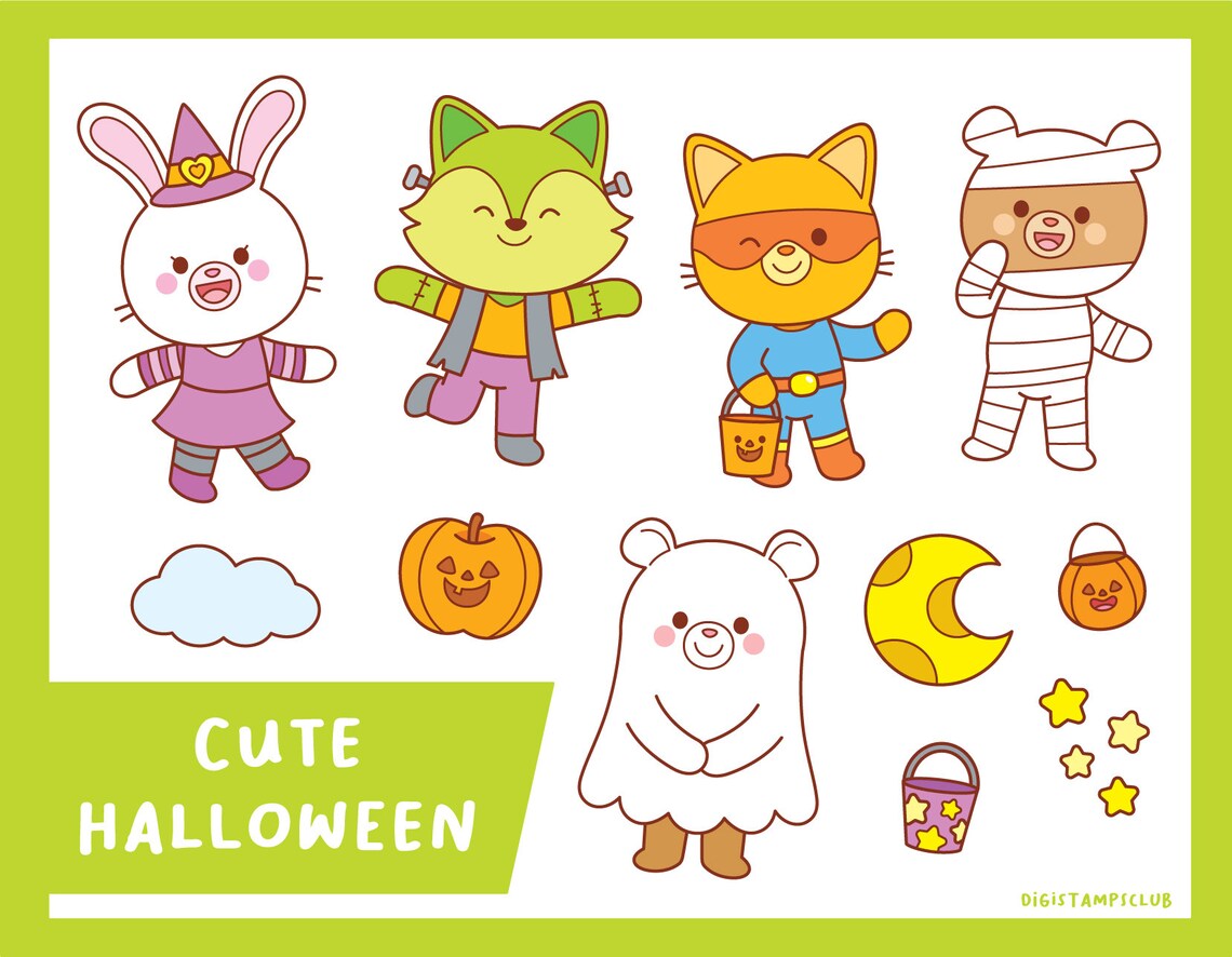 Cute Halloween Clip Art: Animals Dressed up as Ghost, Witch, Superhero ...