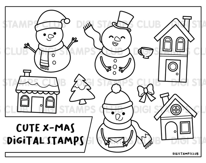 Cute Snowman Digital Stamp Set. Christmas Black and White Clip Art Set ...