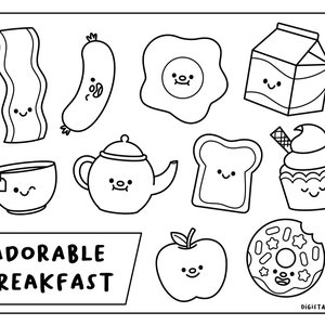 Kawaii Food Digital Stamp Set – Cute Black & White Clipart PNG – Burger ...