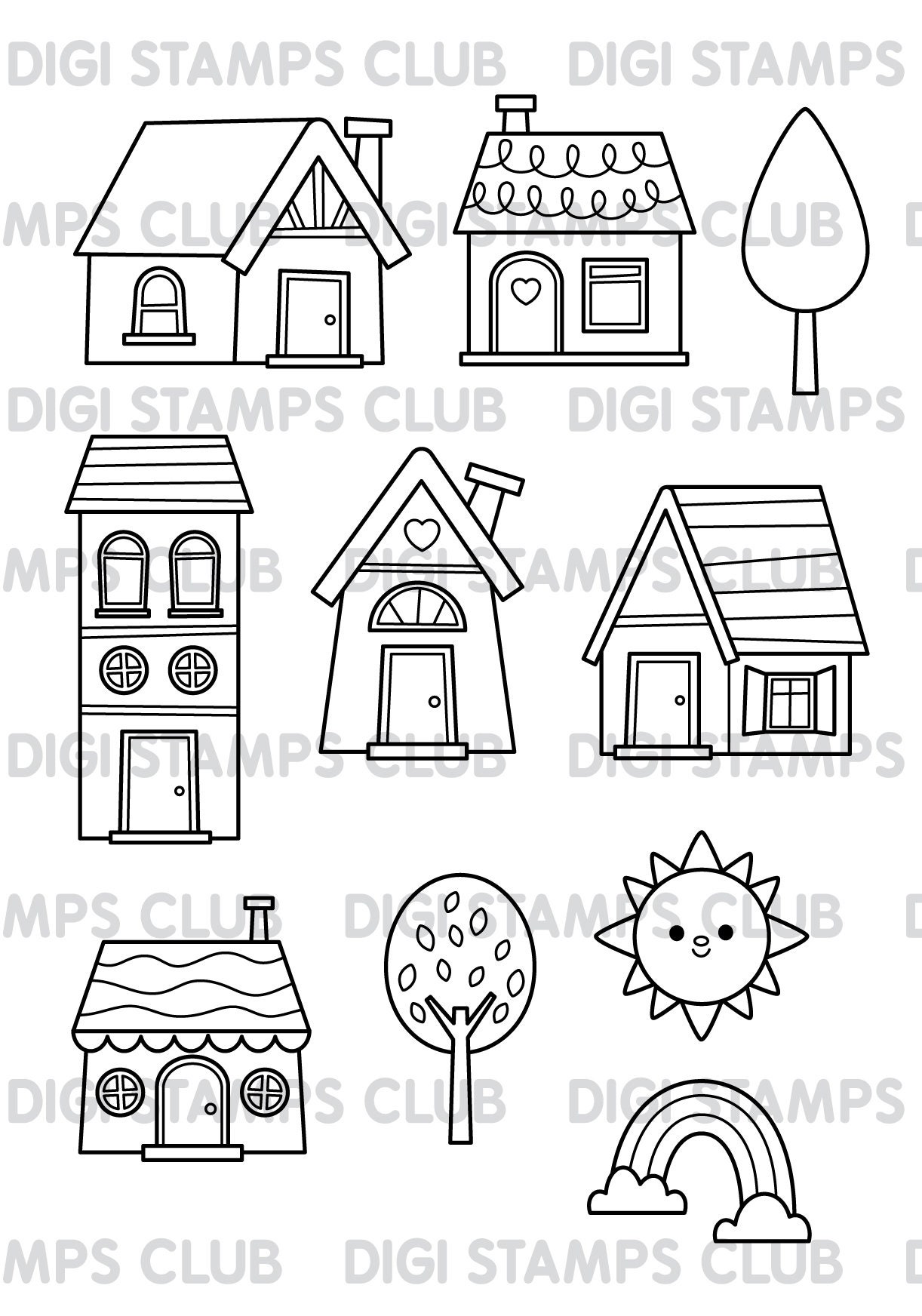 Cute Town Houses Sun and Rainbow Clipart for Scrapbooking - Etsy