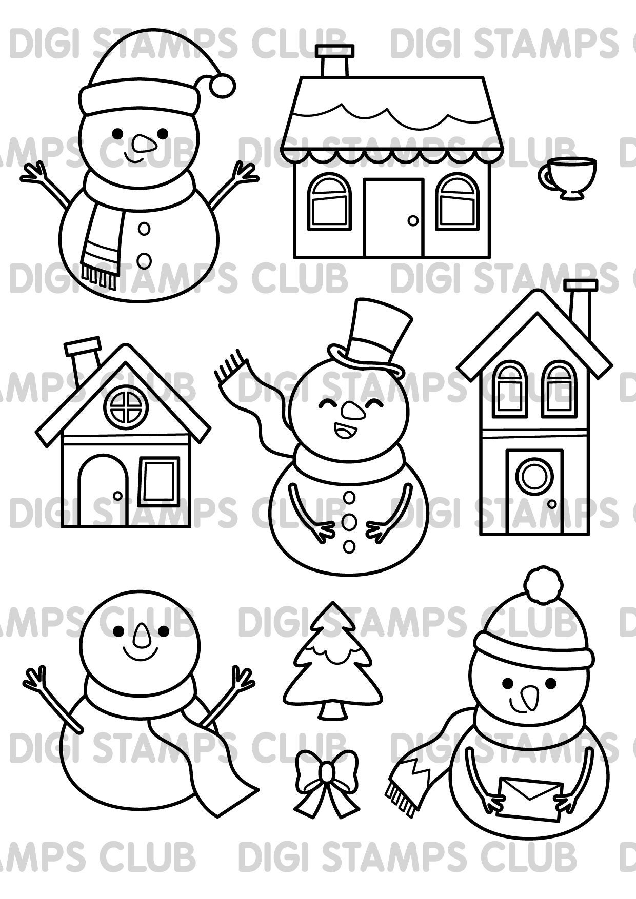 Cute snowman digital stamp set. Christmas black and white clip | Etsy