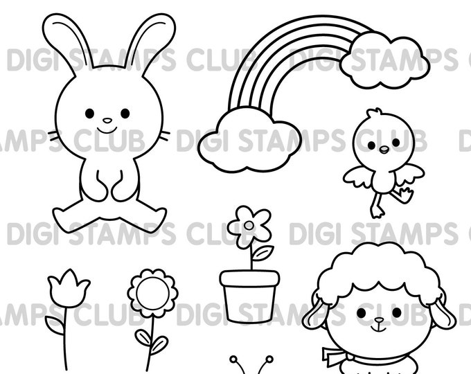 Cute Rabbit and Sheep Digital Stamps, Black and White Animals Printable ...