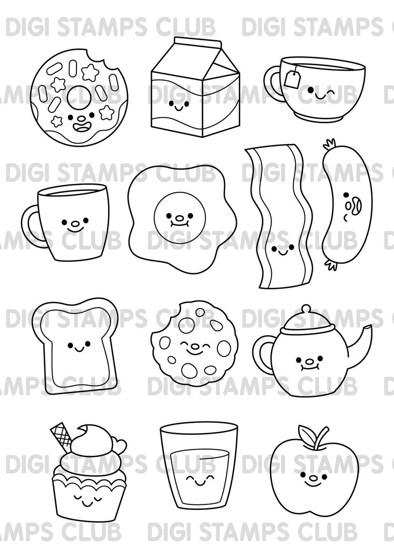 Kawaii Food Digital Stamp Set – Cute Black & White Clipart PNG – Burger ...