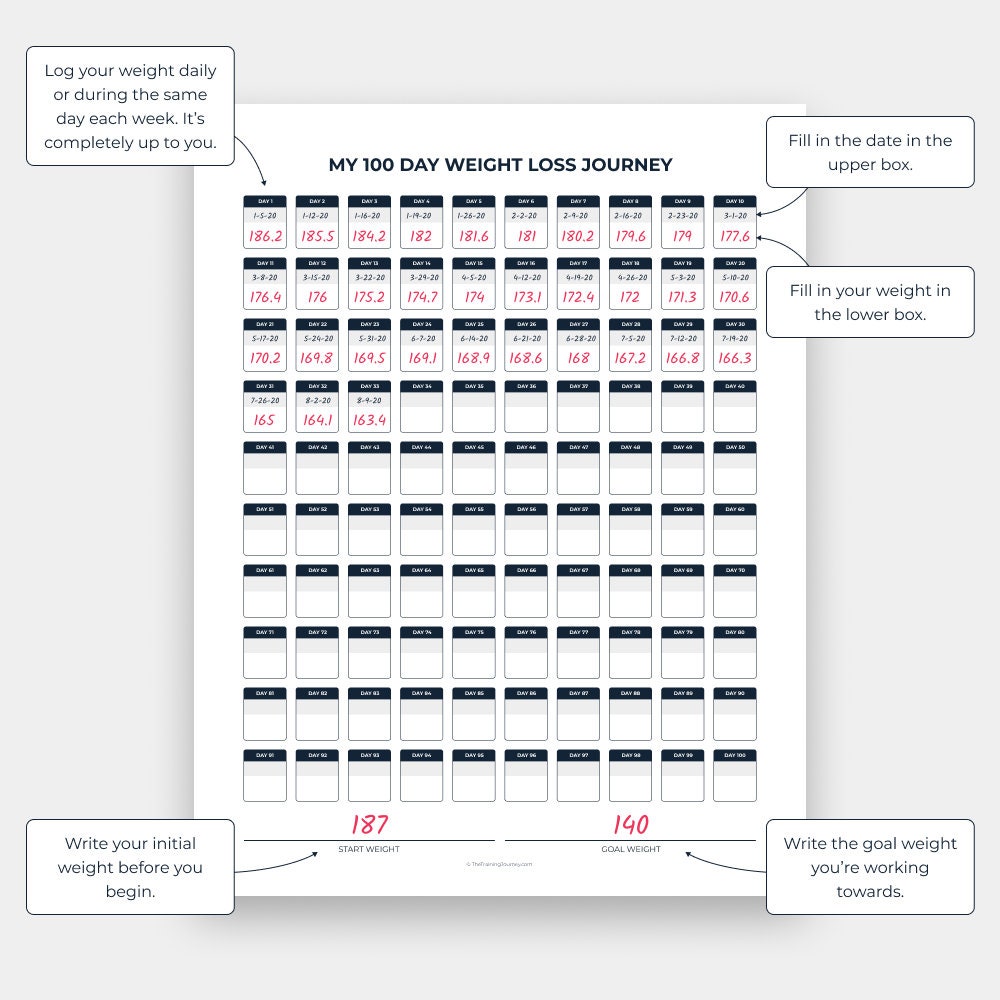100 Day Weight Loss Tracker Weight Loss Journal, Daily Weight Loss ...
