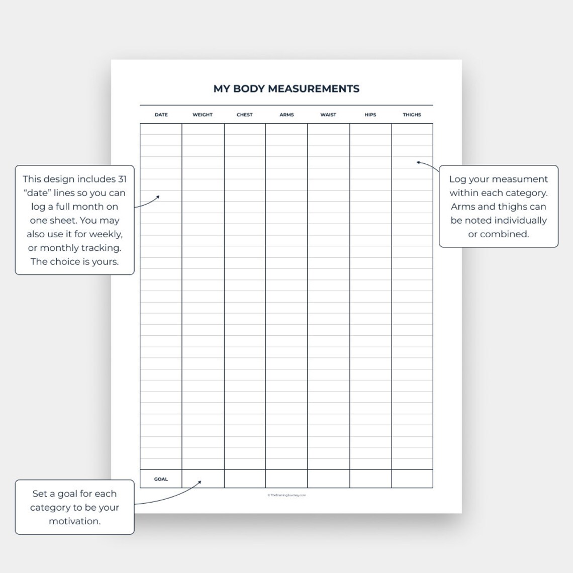 Simple Body Measurement Progress and Goal Tracker, Daily Weekly Monthly ...