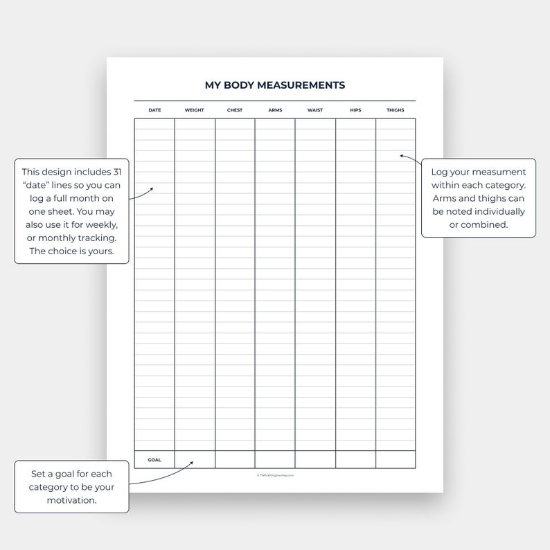 Simple Body Measurement Progress and Goal Tracker, Daily Weekly Monthly ...