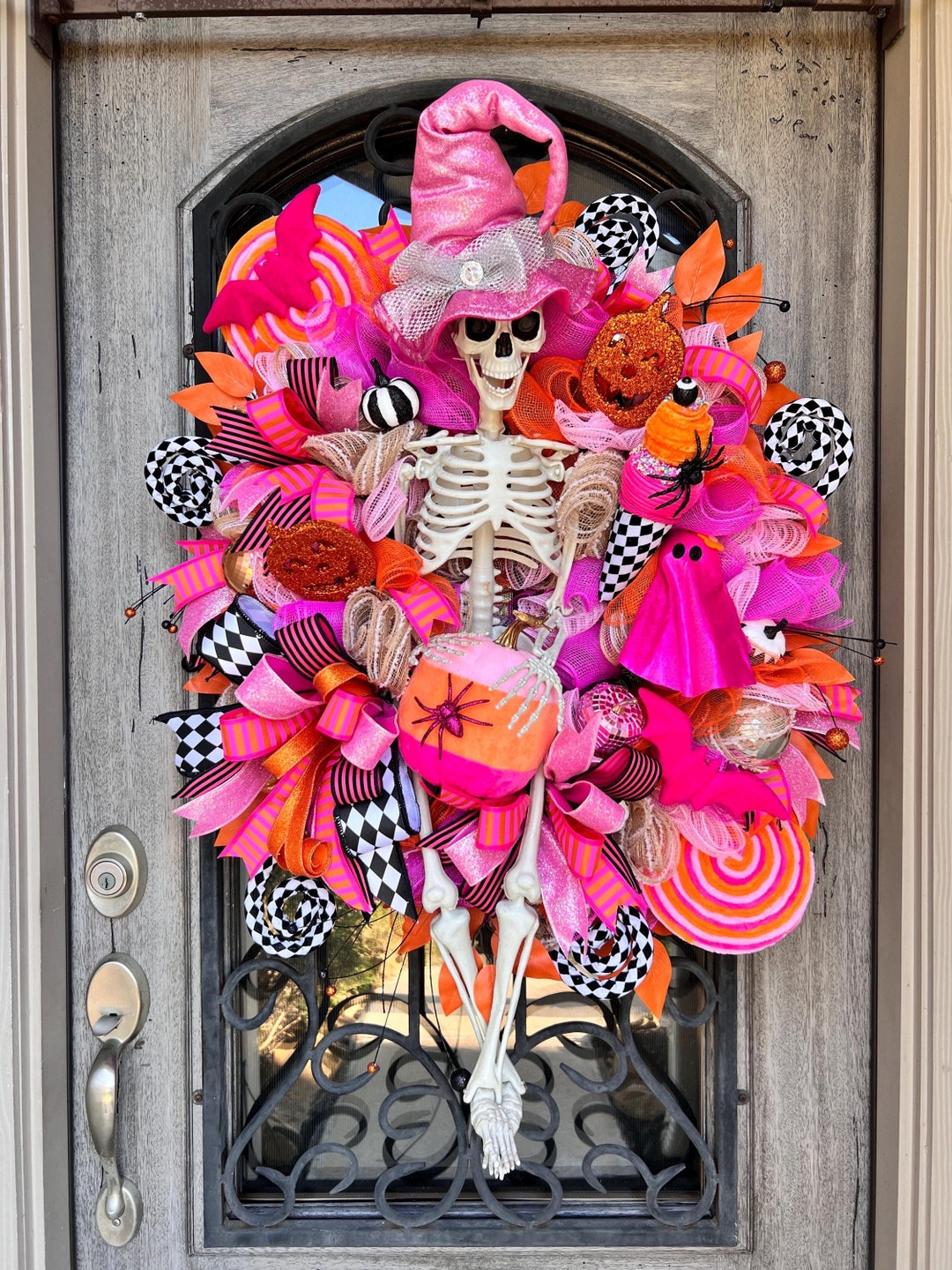 Halloween Wreath, Pink Witch Skeleton Halloween Wreath, Disco Glam ...