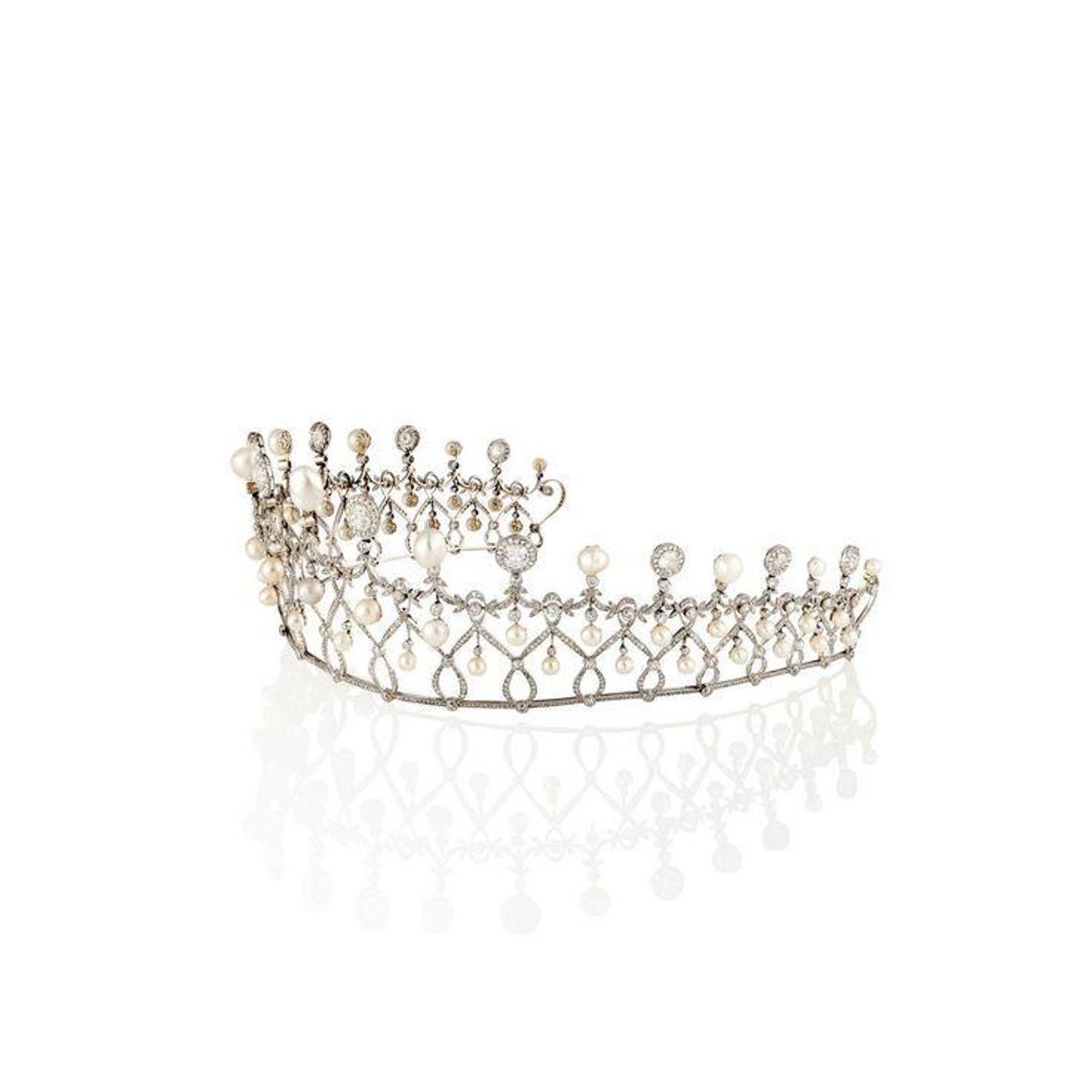 Silver Tiara Crown Studded American Diamond (zircon) & Real Pearl, 925 ...