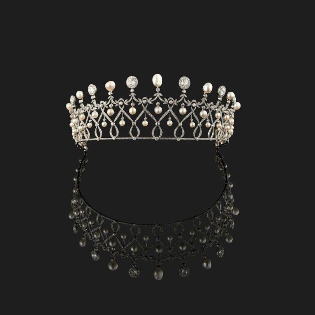 Silver Tiara Crown Studded American Diamond (zircon) & Real Pearl, 925 ...