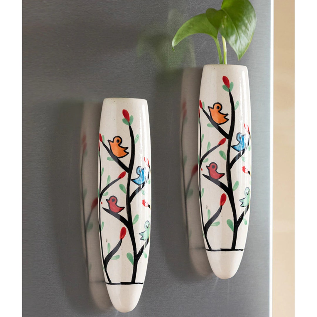 Hand-painted Ceramic Magnetic Vase Set: Bird Tree Decor - Etsy