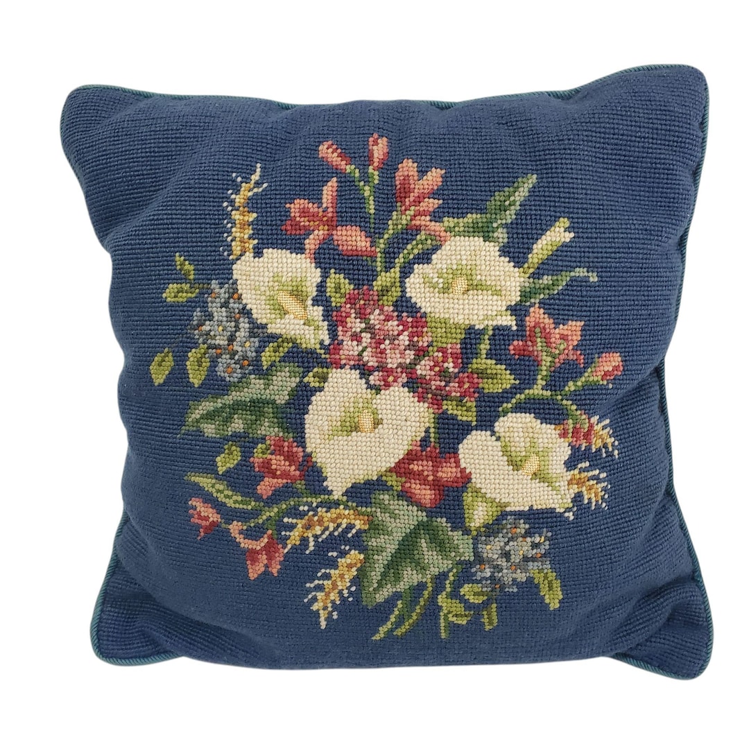 Vintage Floral Needlepoint Petit Point Tapestry Pillow Blue Corduroy 14 ...