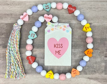 Candy Hearts Gnome Garland, Farmhouse Wooden Beads Garland, Valentine’s ...
