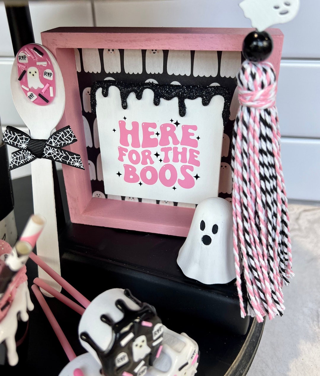Pink Halloween "here for the Boos" Sign | Pink Halloween Tier Tray ...