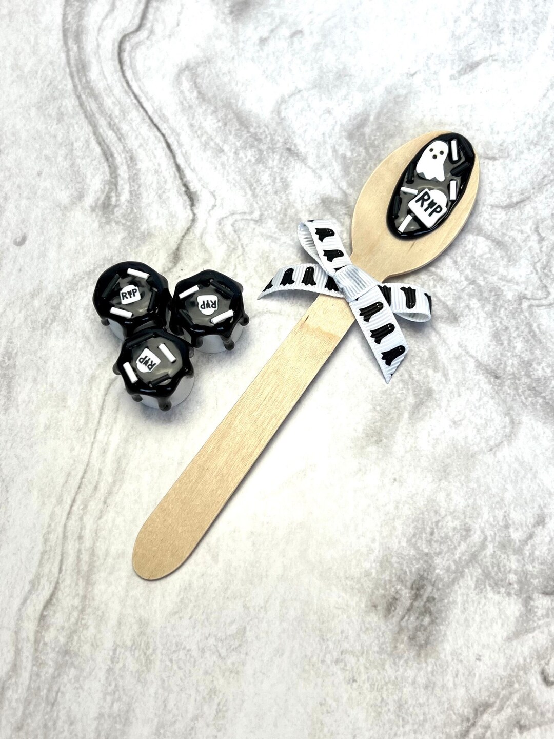 Ghost Wooden Spoon & Set of 3 Small Fake Marshmallows | Halloween ...