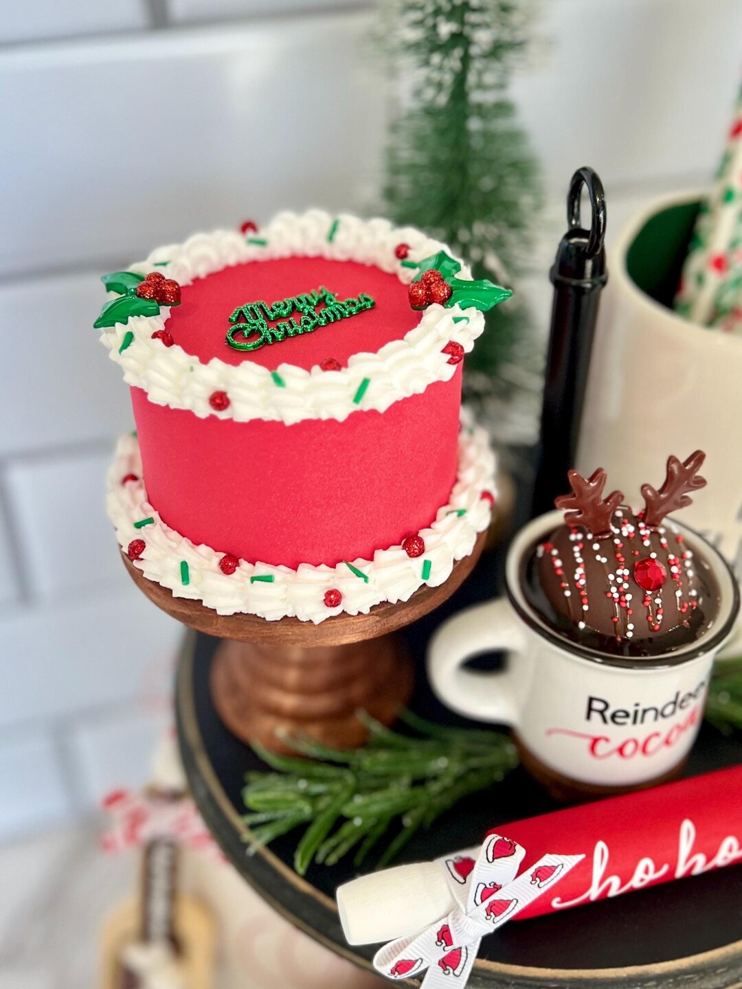 Small Fake Traditional Christmas Cake | Red and Green Christmas Tier ...
