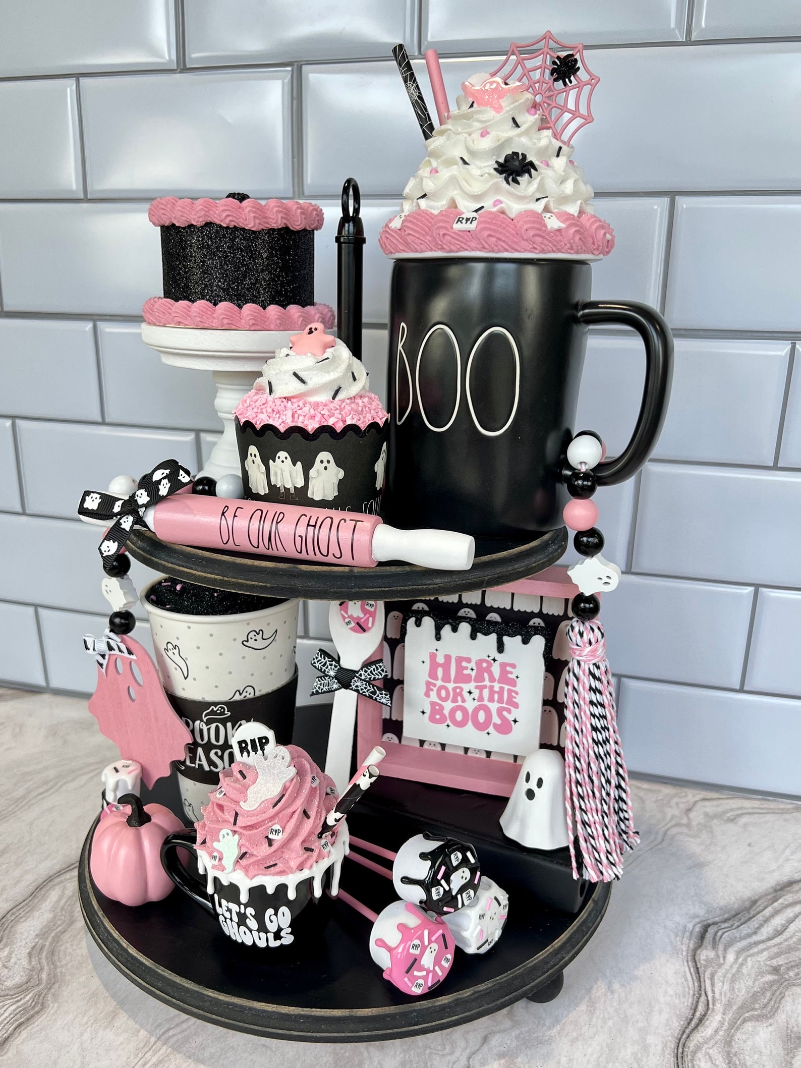 Pink Halloween Tiered Tray Decor Bundle | Pinkoween Party Decorations ...
