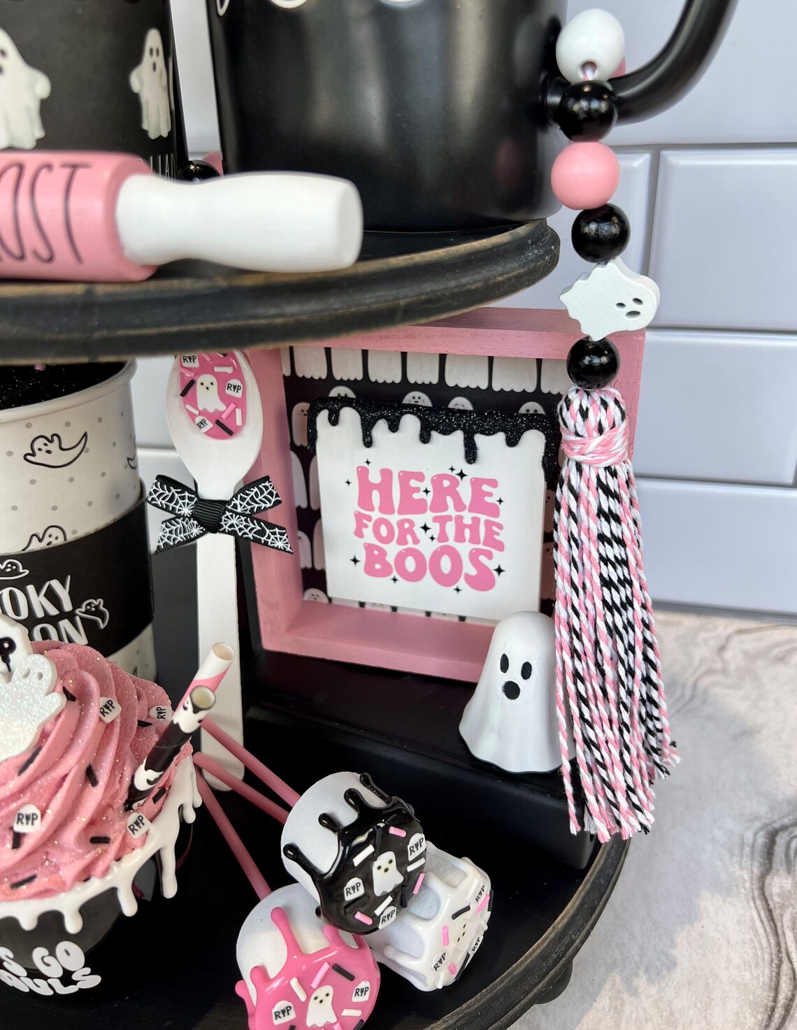 Pink Ghost Halloween Beaded Garland | Pinkoween Tiered Tray Decor - Etsy