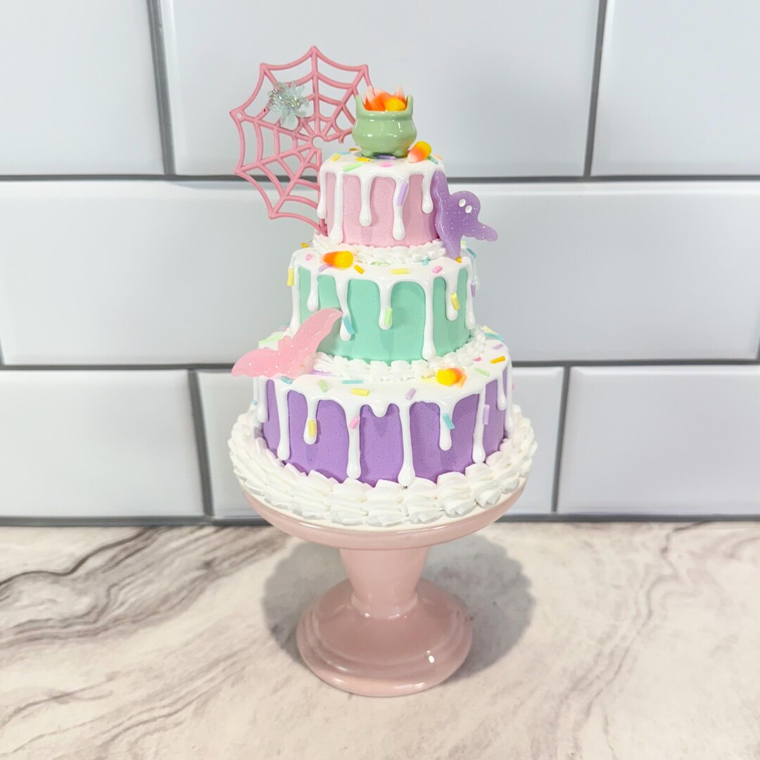 Small Fake Pastel Halloween Drip Cake - Sweet & Spooky Halloween Tiered ...