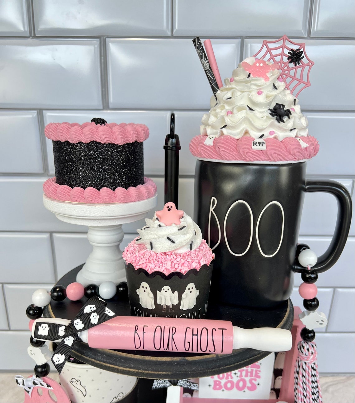 Pink Halloween Tiered Tray Decor Bundle | Pinkoween Party Decorations ...