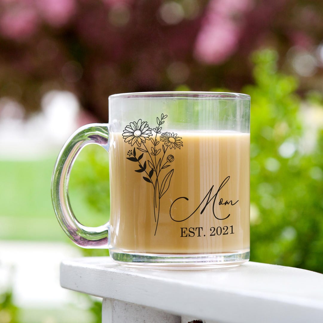 Cute Personalized Birth Flower Glass Mug With EST Date for Mothers Day ...