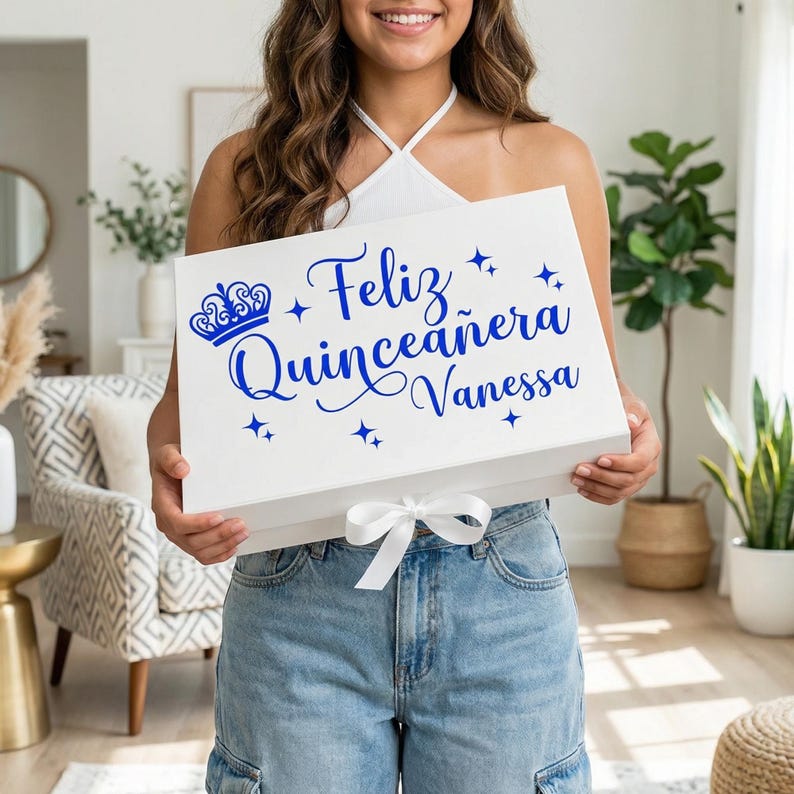 Personalized Quinceanera Gift Box, Royal Blue Mis Quince Robe and ...
