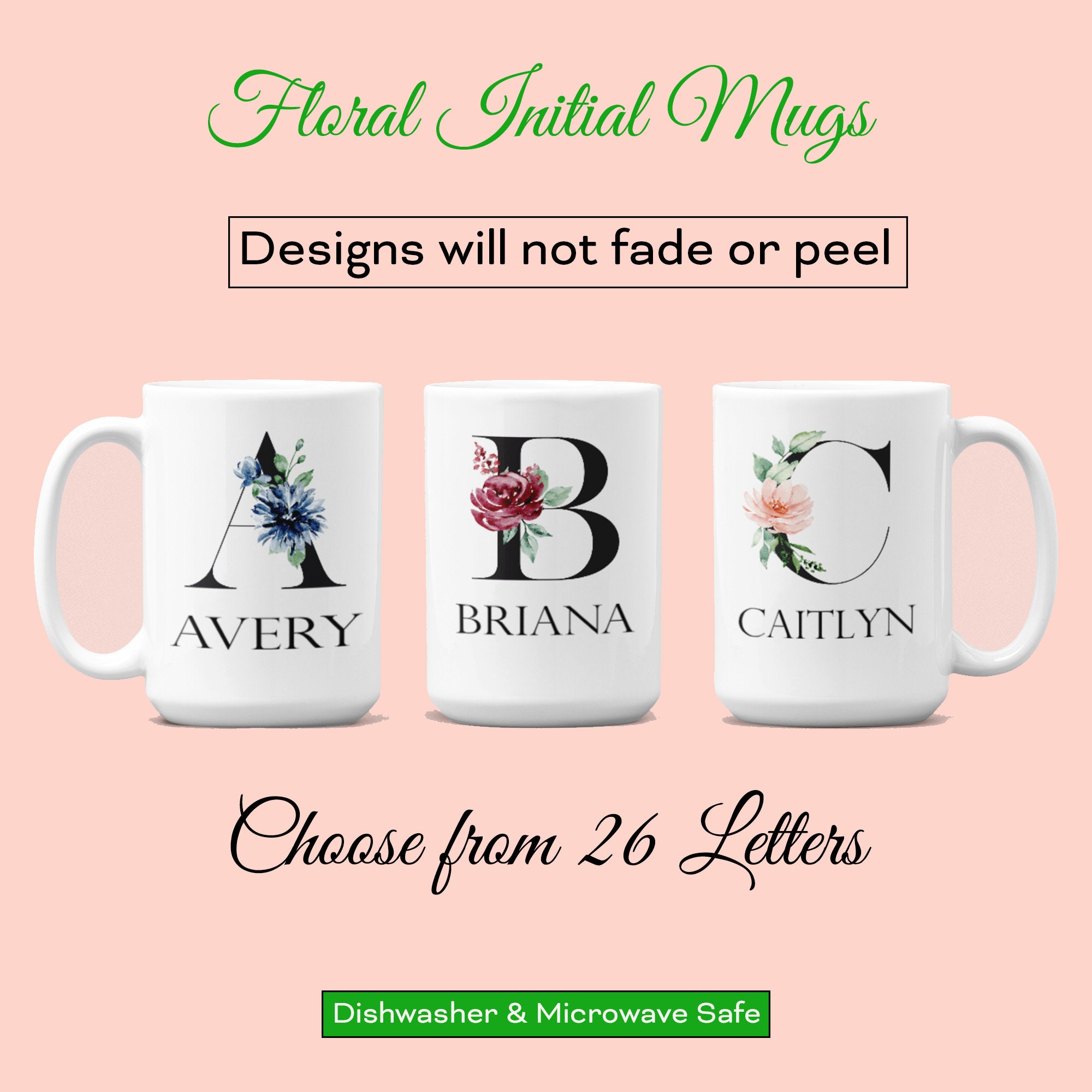Personalized Mug With Floral Inital and Name Letters A-Z - Etsy