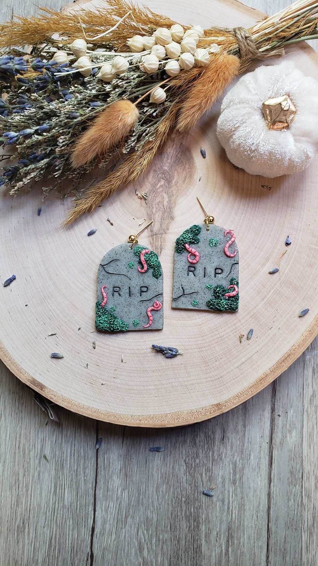 Spooky RIP Gravestone Tombstone Worm Halloween Clay Dangle Earrings ...