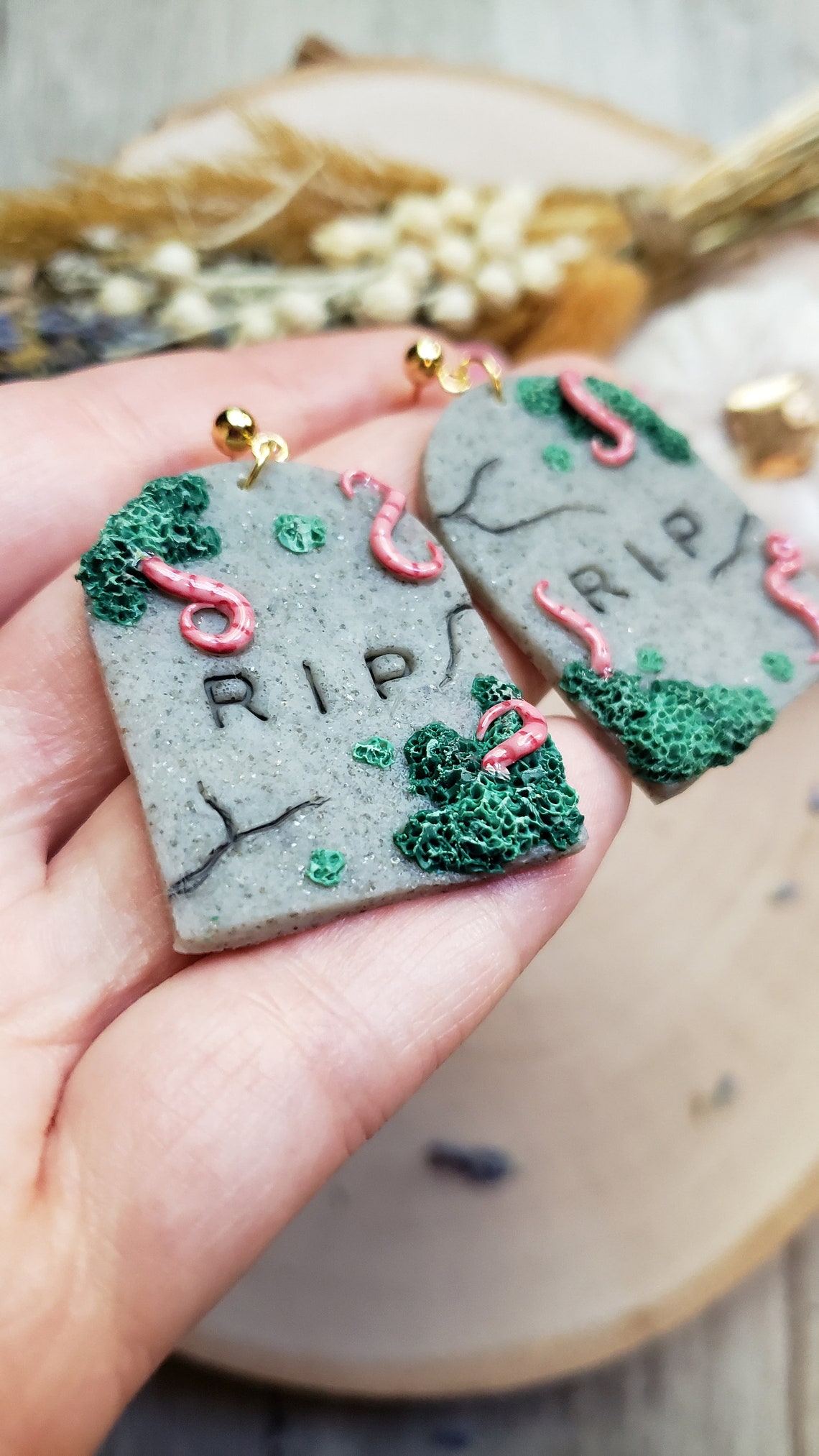 Spooky RIP Gravestone Tombstone Worm Halloween Clay Dangle Earrings ...