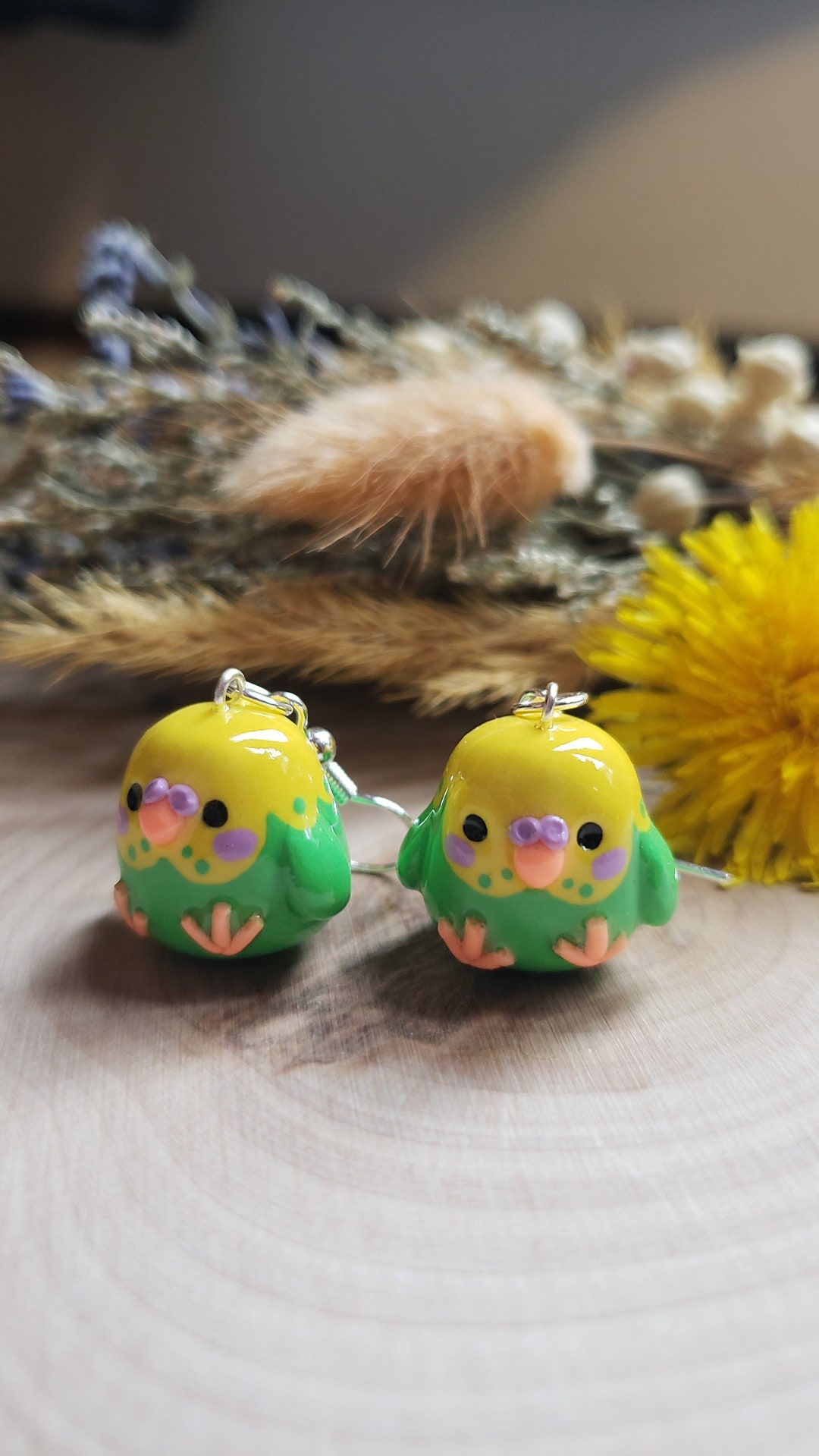Budgie Parakeet Green and Yellow Bird Animal Clay Dangle Earrings ...