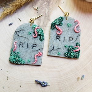 Spooky RIP Gravestone Tombstone Worm Halloween Clay Dangle Earrings ...