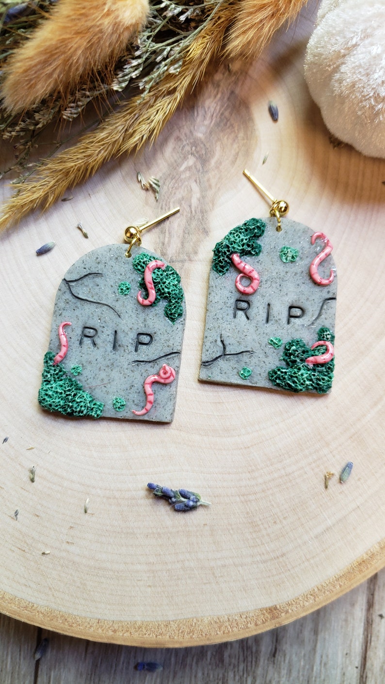 Spooky RIP Gravestone Tombstone Worm Halloween Clay Dangle Earrings ...