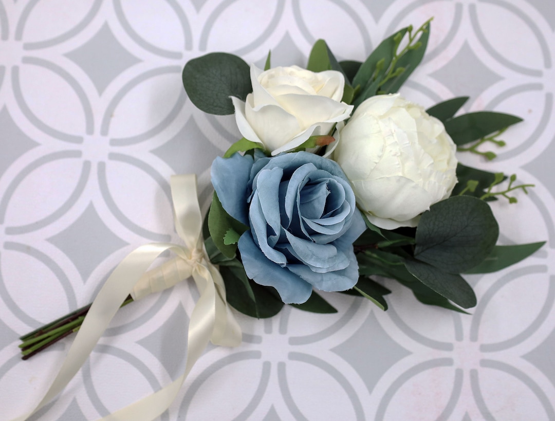 Bridesmaids Bouquet, Dusty Blue White Ivory Wedding Bouquet, Faux ...