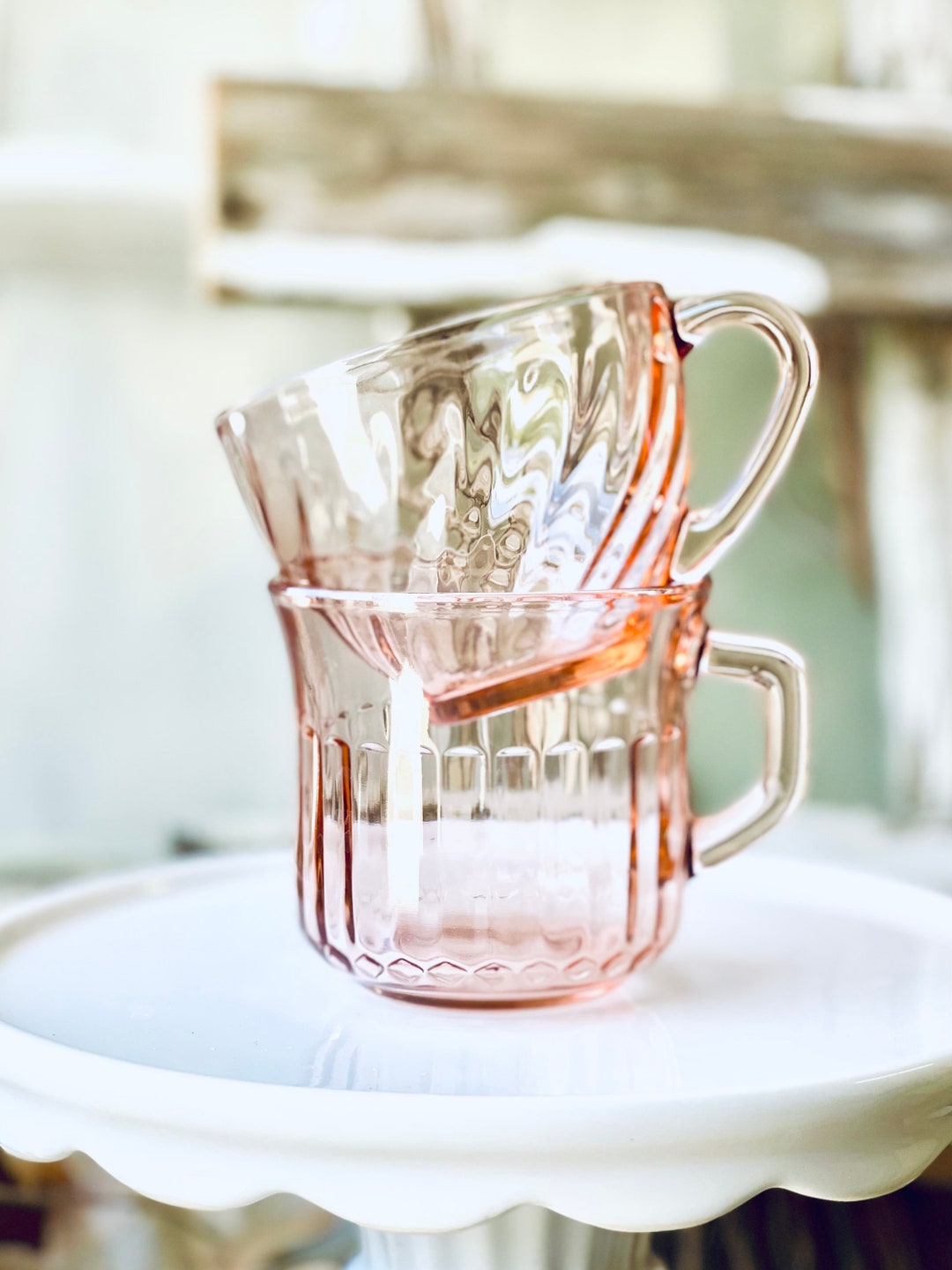 Blush Pink Glass, Arcoroc France Rosaline Swirl Glass Mug, Rose Pink ...