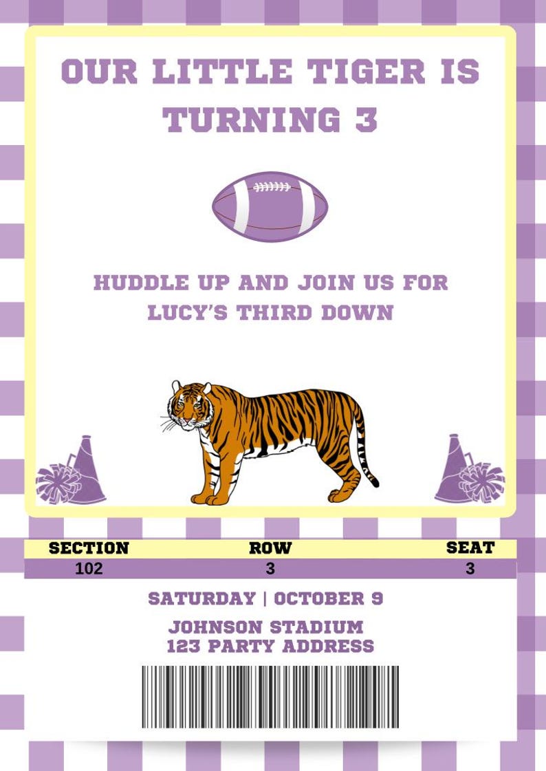 Football and Cheerleader Birthday Party Invitation. LSU Tigers. First ...