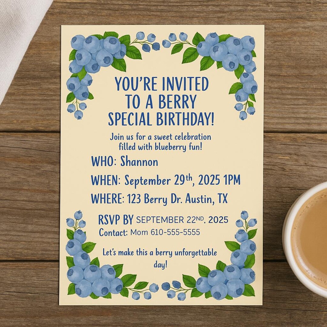 Blueberry-themed Birthday Invitation, Custom Party Invite, Printable ...
