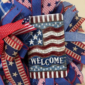 Patriotic 4th of July Red White Blue Welcome Wreath, 22" Front Door ...
