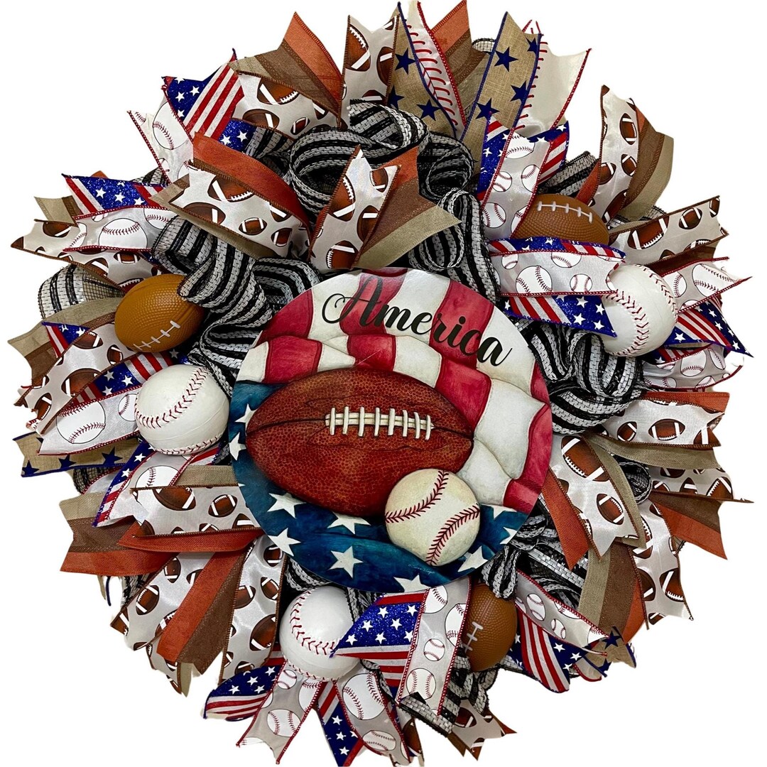 Football Baseball Sports Patriotic Front Door Wreath, Fall Door Hanger ...