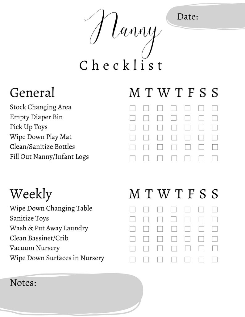 Nanny Checklist | Babysitter Checklist | Caregiver Checklist | To-do ...