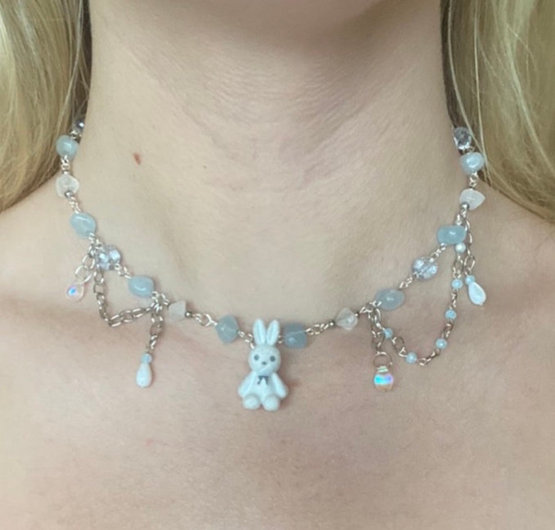 Plush - Bunny Charm Aquamarine Handmade Silver Necklace - Etsy