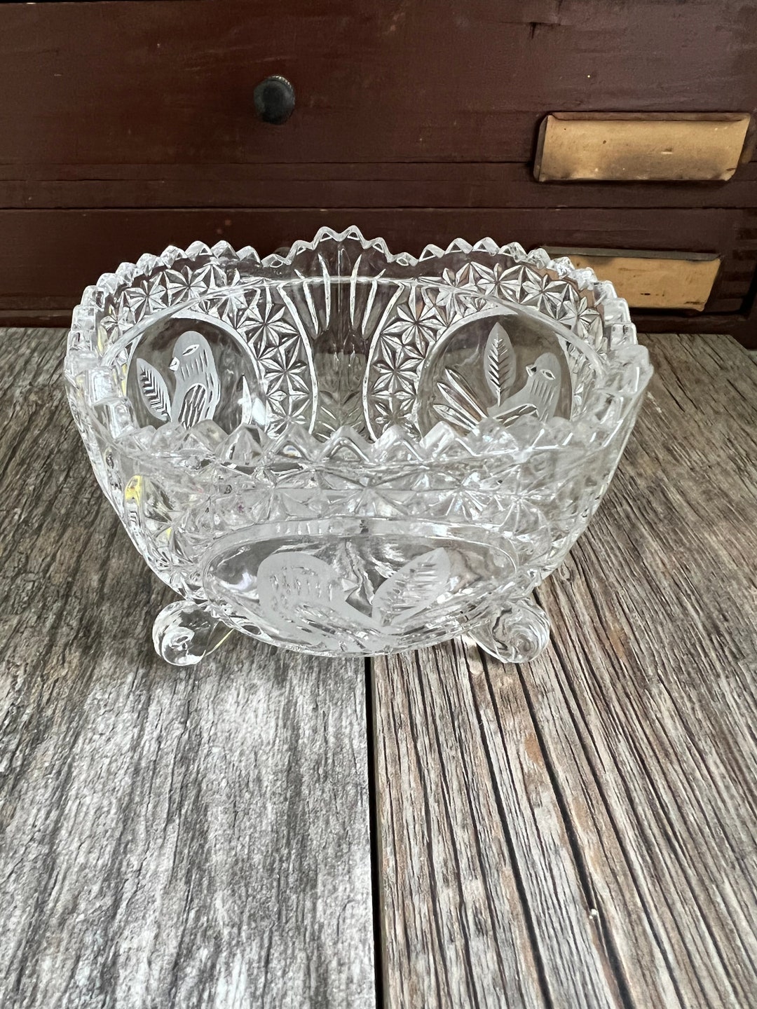 Footed Sugar Bowl Cut Glass Candy Dish Bowl With Bird Motif Clear Candy ...