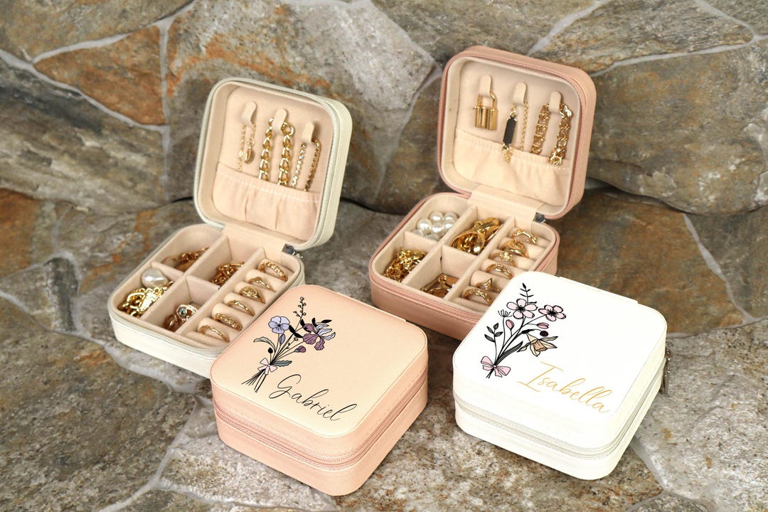 Birth Flower Travel Jewelry Case, Custom Jewelry Box, Christmas Gift ...