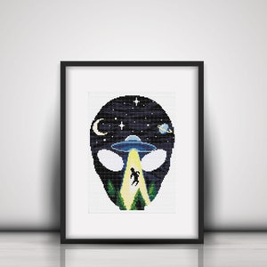 Alien Silhouette Cross Stitch Pattern, Nature Moon Stars Embroidery ...