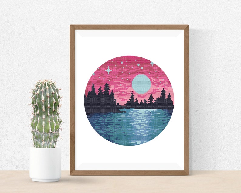 Pink Sky Forest Cross Stitch Pattern, Easy Trees Nature Cross Stitch ...