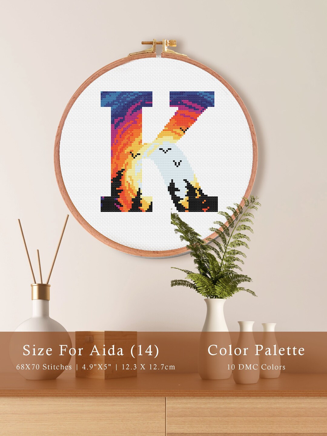 K Monogram Cross Stitch Pattern , Alphabet Initial Letter Cross Stitch ...