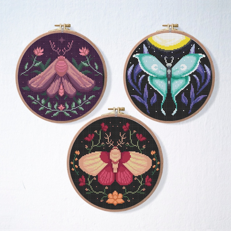 Moth Cross Stitch Pattern Set , Animal Cross Stitch Pattern Bundle ...