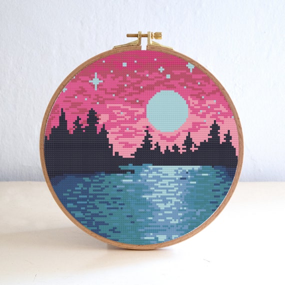 Pink Sky Forest Cross Stitch Pattern Easy Trees Nature Cross | Etsy
